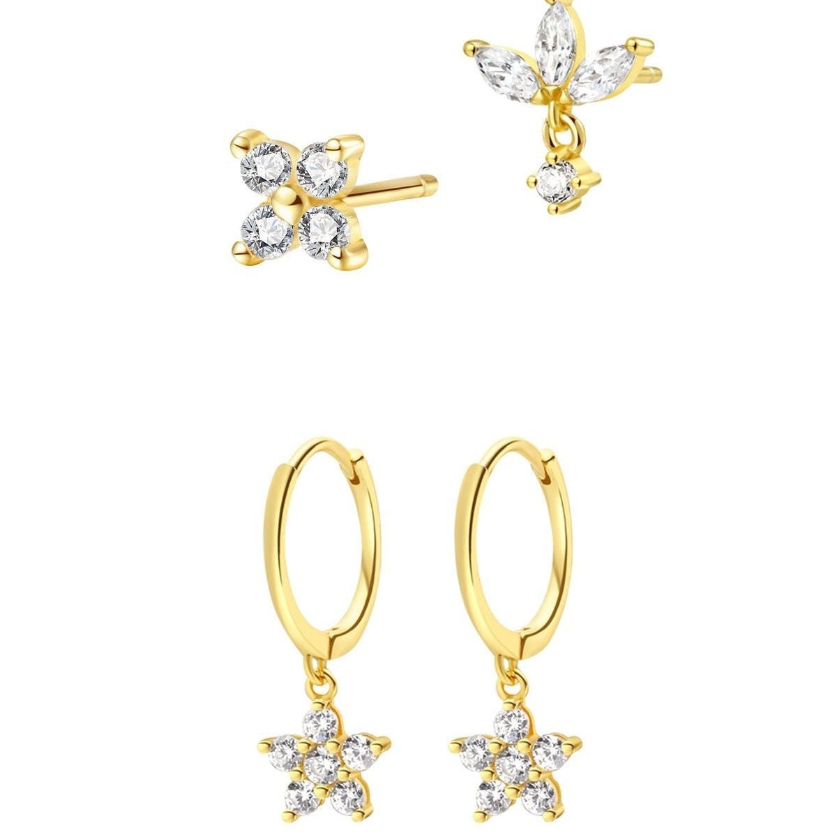 Stacking Set of 4 Sterling Silver Earrings Flower Inspired | 18K Gold ...