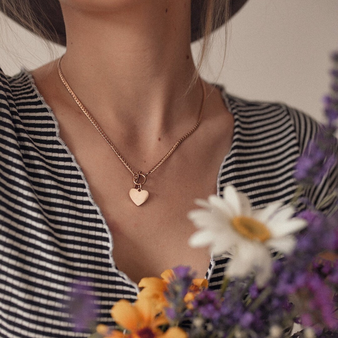 Heart Charm T-bar Necklace Rose Gold | Delicate Toggle Clasp Chain ...