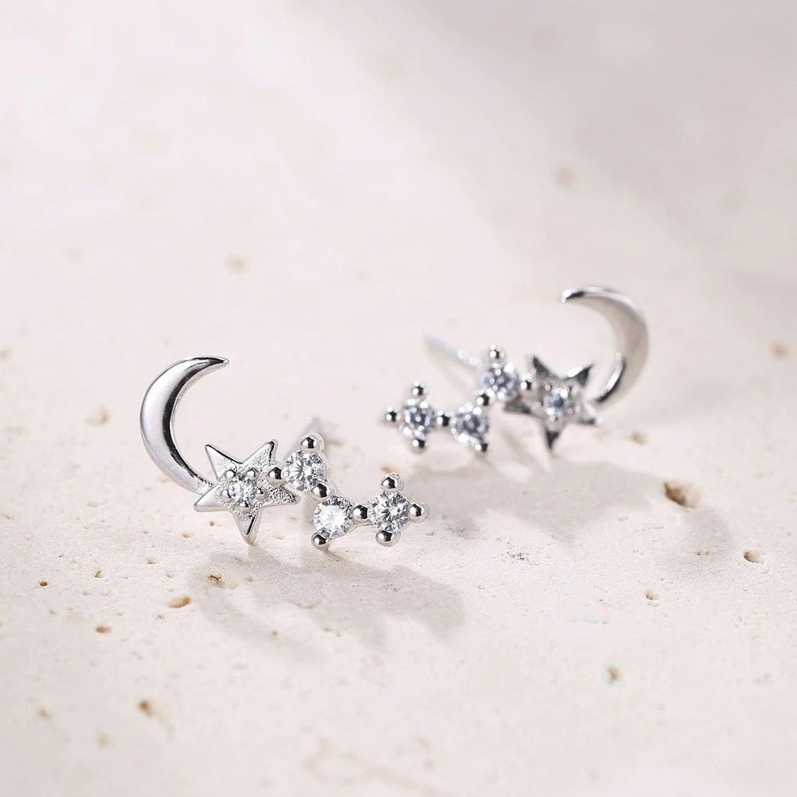 Moon and Star Stud Earrings Sterling Silver | Celestial Stud Earrings ...