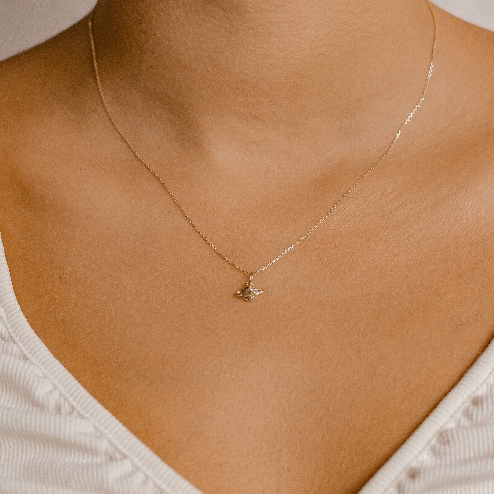 9K Gold Saturn Pendant Necklace: Delicate Celestial Charm With Chain ...