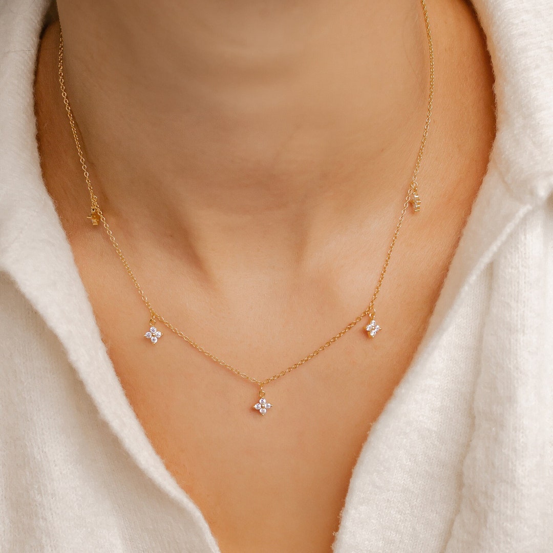 Gemstone Flower Pendant Necklace Sterling Silver | Dainty Charm ...