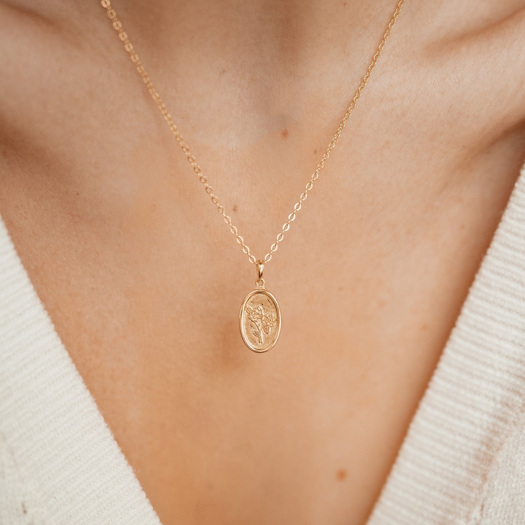 Oval Rose Pendant Necklace | Delicate Chain Necklace With Flower Coin ...