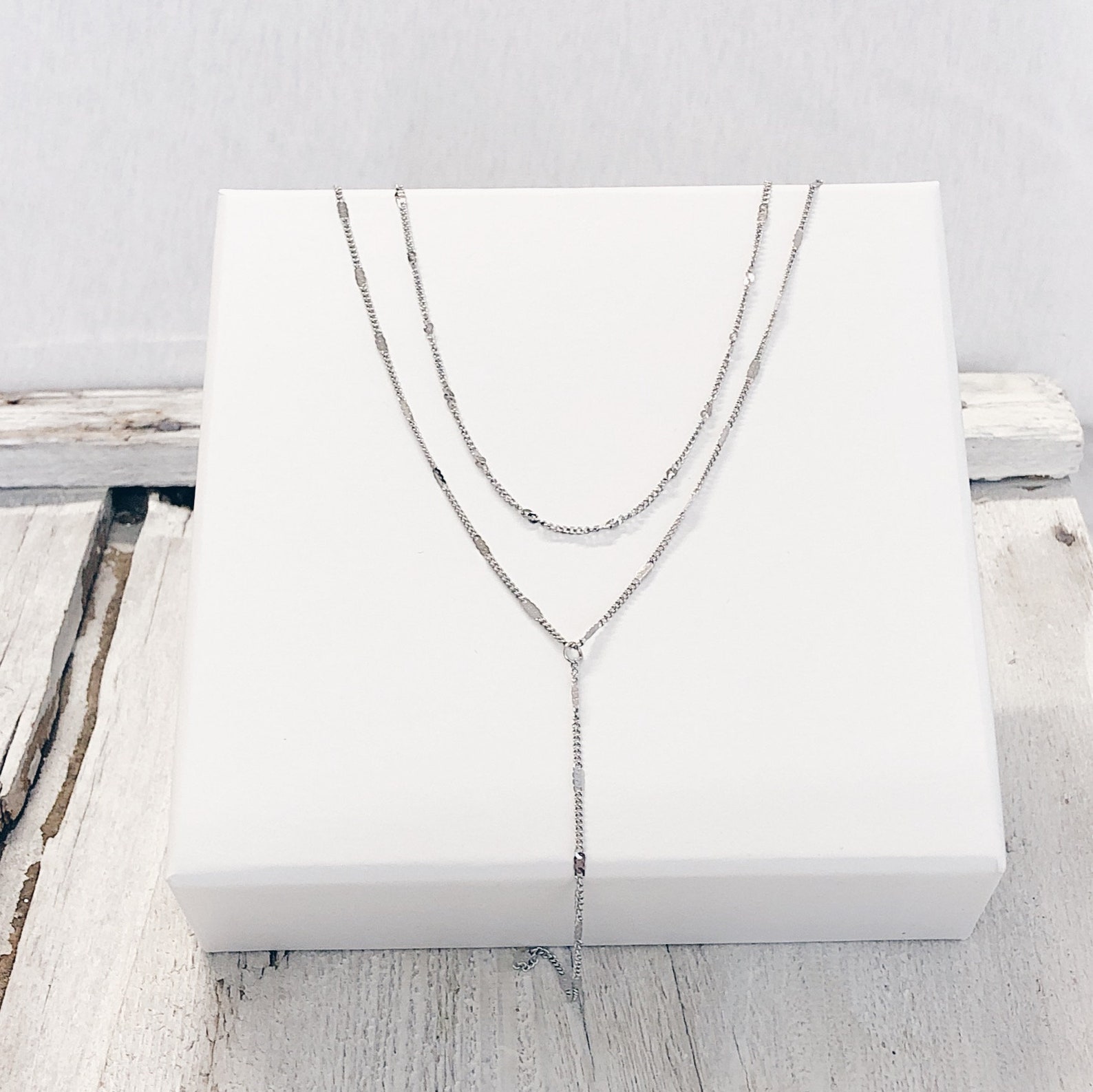 Long Layered Necklace in Silver Colour | Delicate Y Necklace | Double ...