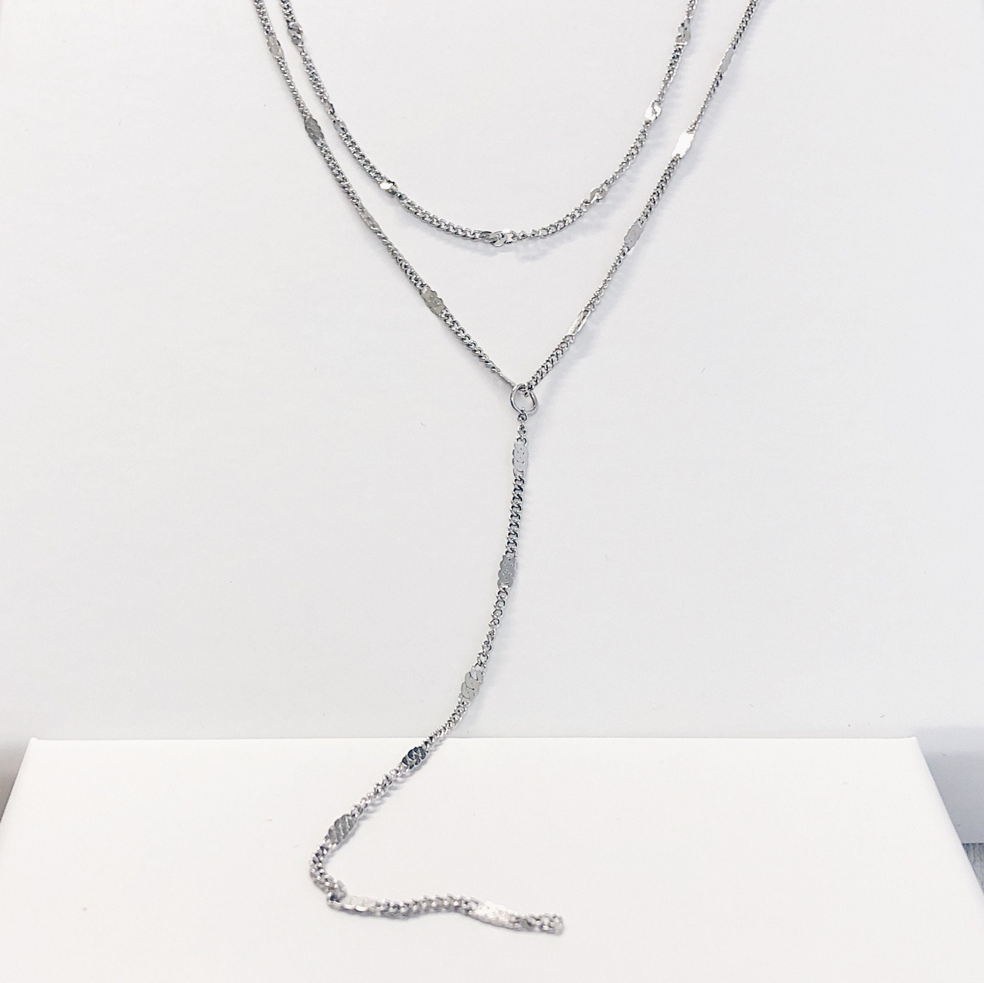 Long Layered Necklace in Silver Colour | Delicate Y Necklace | Double ...
