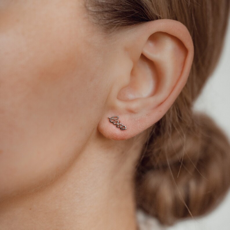 Cursive Love Stud Earrings Sterling Silver Small Love Studs - Etsy