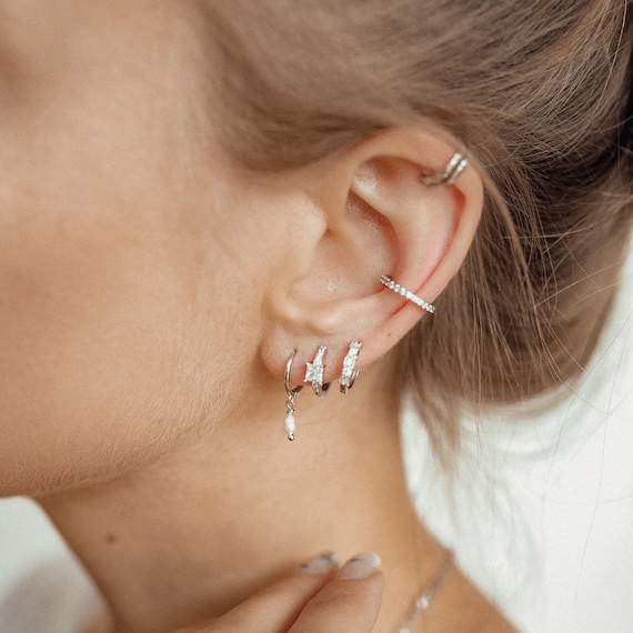 Pearl Huggie Earrings Sterling Silver 925 Silver Hoop Earrings With Pearl Charm Etsy UK