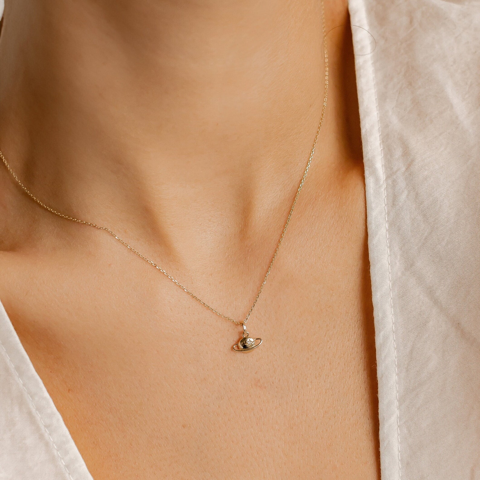 9K Gold Saturn Pendant Necklace: Delicate Celestial Charm With Chain ...
