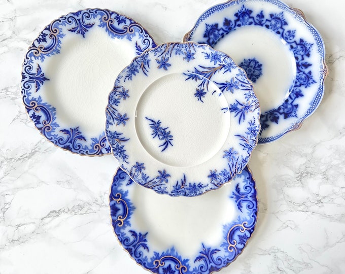 Antique Victorian Flow Blue Wall Plate Set English Porcelain Floral ...