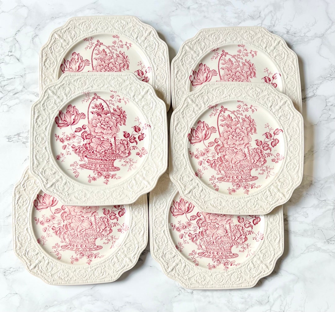 Crown Devon Fieldings Plates Red Transferware Flowers Embossed ...