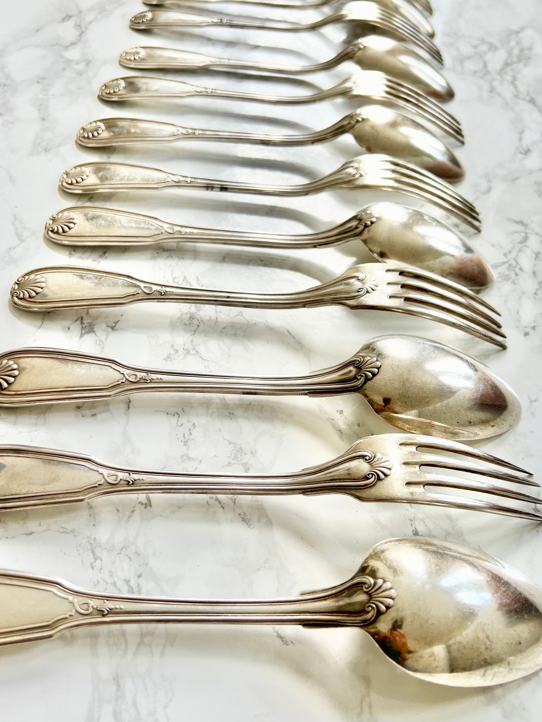 Set of 12 Dining Forks and 12 Soup Spoons Shell Decor French Silverware ...