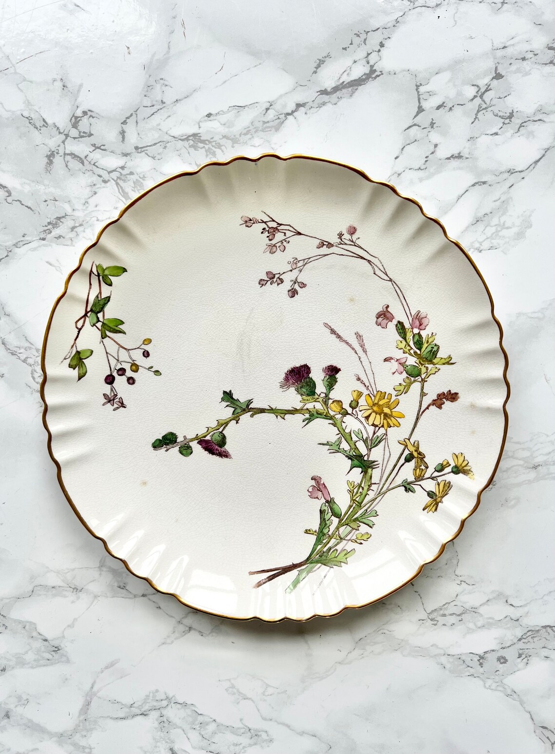 Set of 2 Antique Minton Plates Hand Painted Scalloped Edge Bird Vegetal ...
