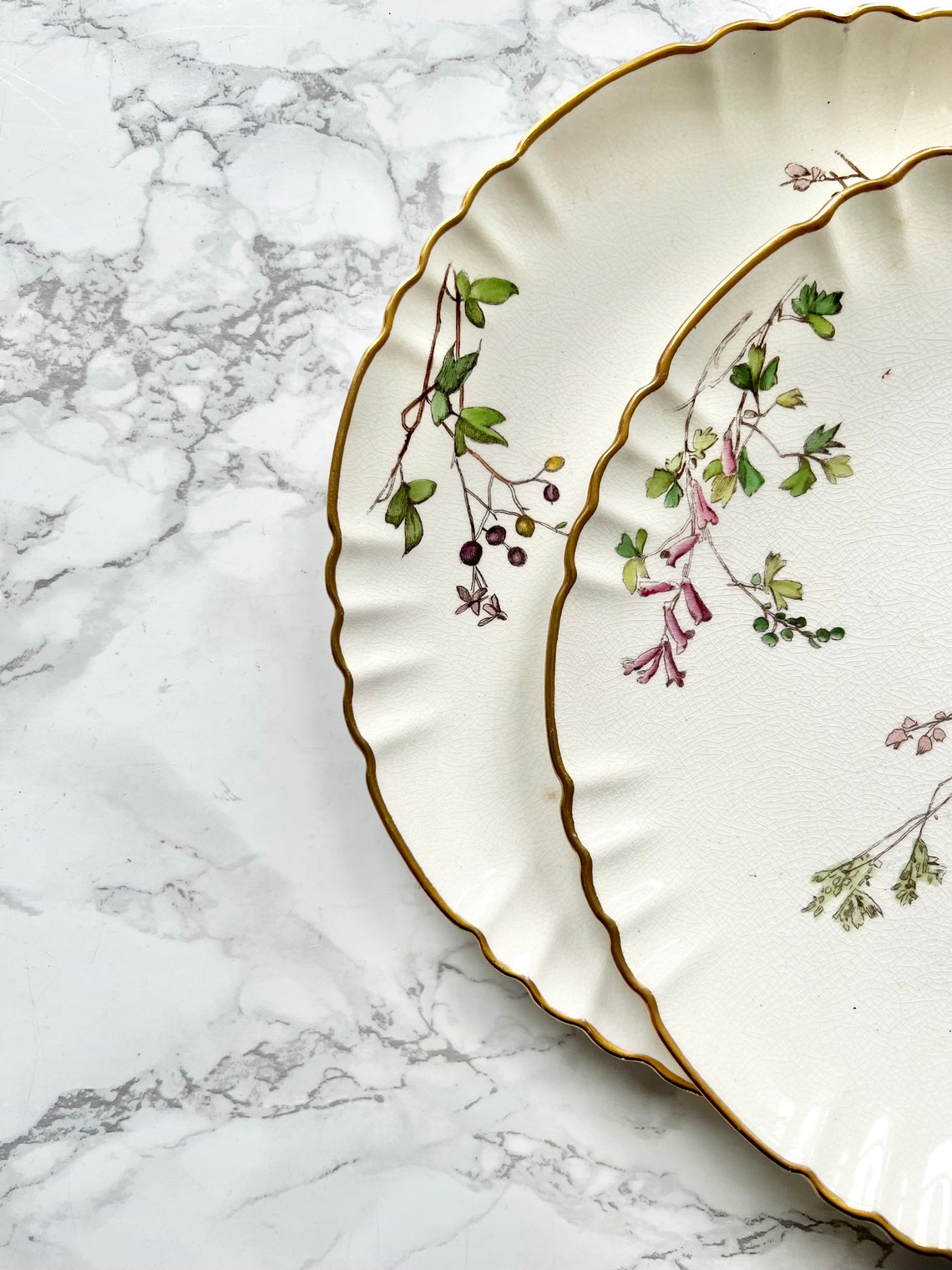 Set of 2 Antique Minton Plates Hand Painted Scalloped Edge Bird Vegetal ...