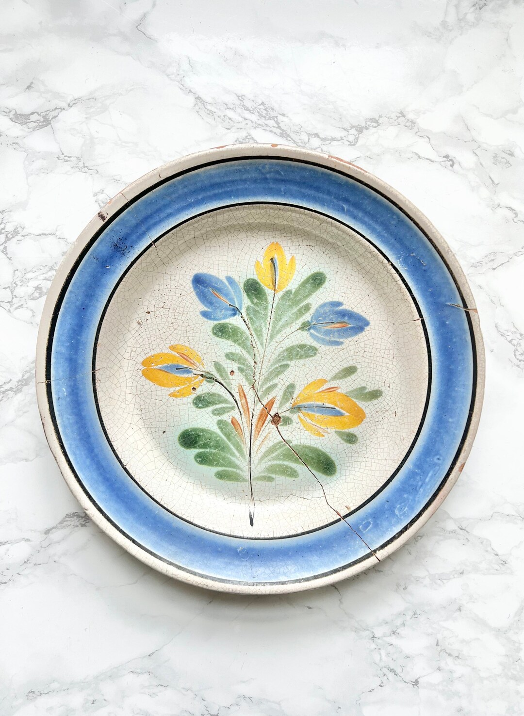 Rare Antique French "cul Noir" Dish Hand Painted 1700 Blue Yellow ...