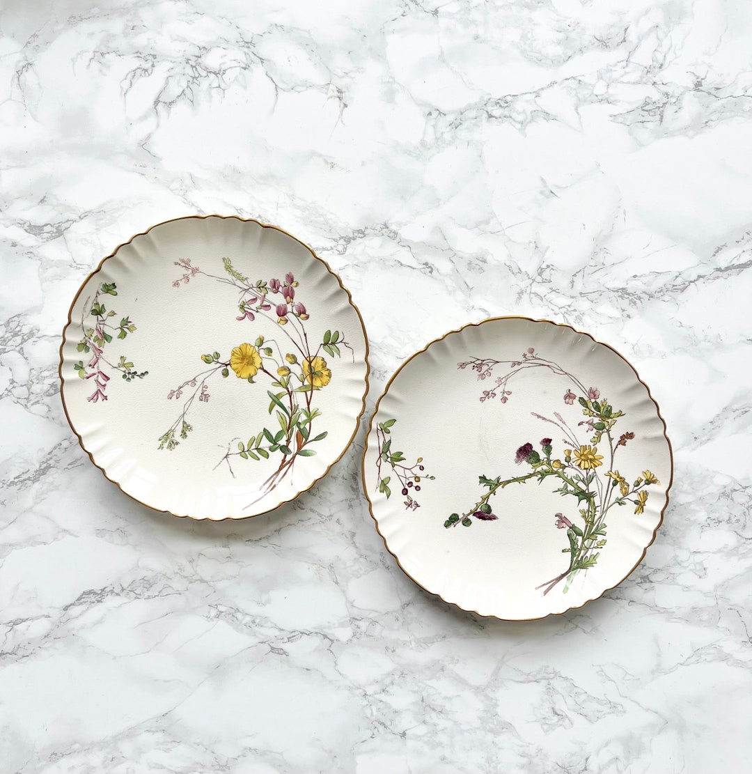 Set of 2 Antique Minton Plates Hand Painted Scalloped Edge Bird Vegetal ...