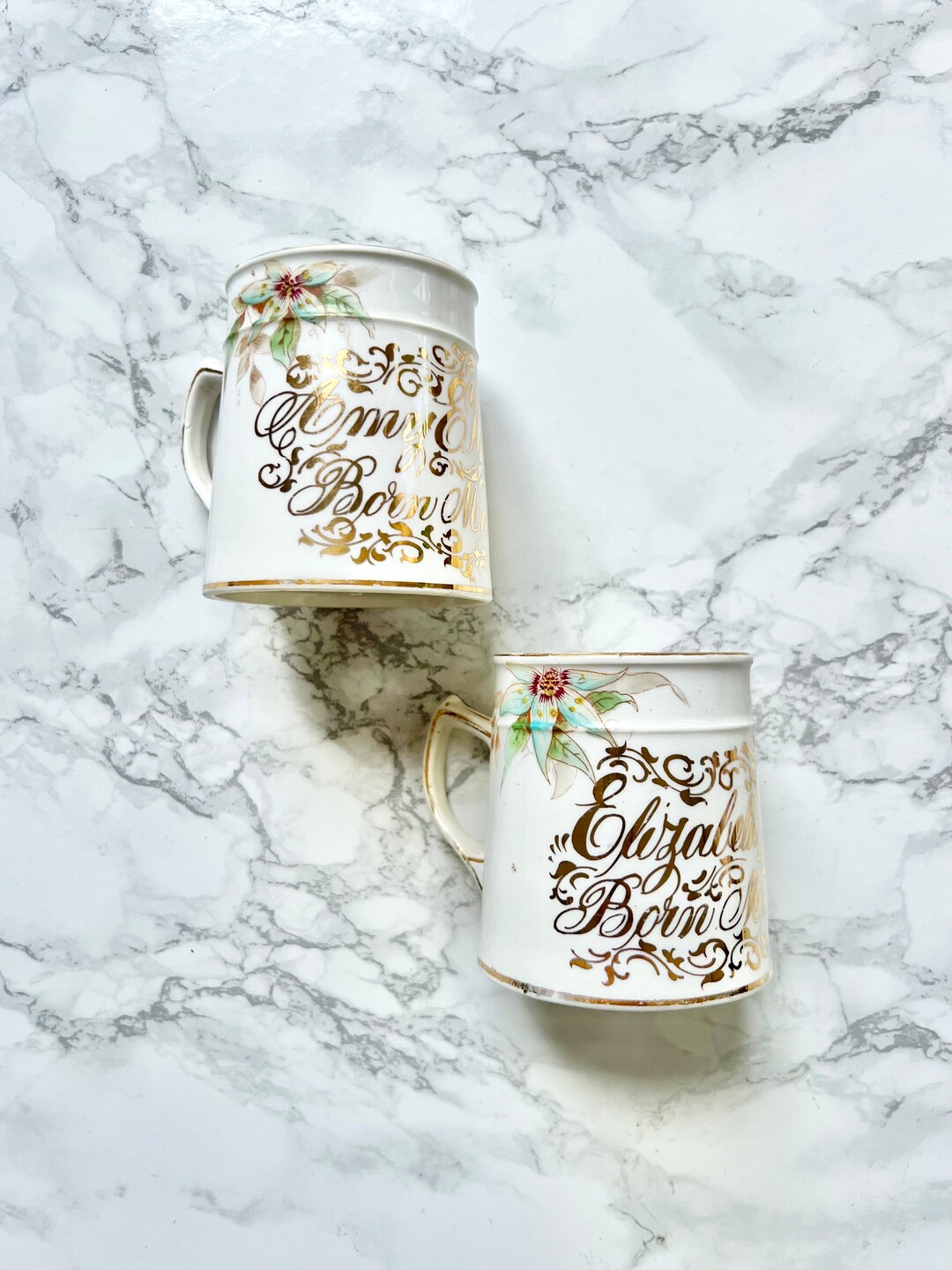 Pair of Victorian Birth Christening Mugs Hand Painted Floral Gilded ...