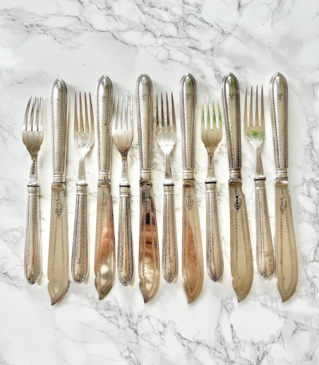 Set of 6 Antique Fish Forks and 6 Fish Knives English Silverware ...