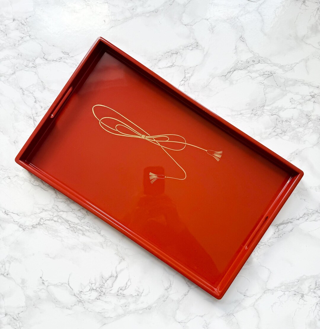 Vintage Japanese Red Lacquer Tray With Golden Bow Knot Decoration ...