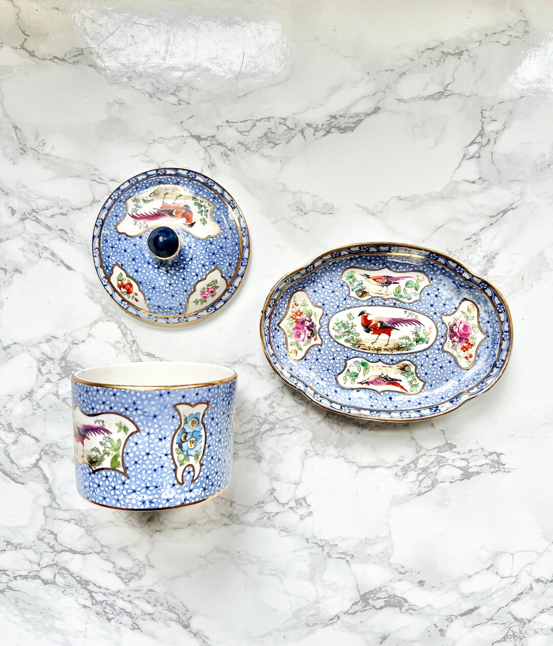 Set Victorian 1800 Lidded Pot and Tray Booth Mosaic Panel Hand Painted ...