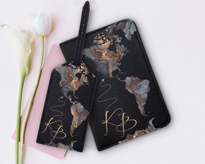 World Map Marble Monogram Passport Holder Travel Set Gold - Etsy