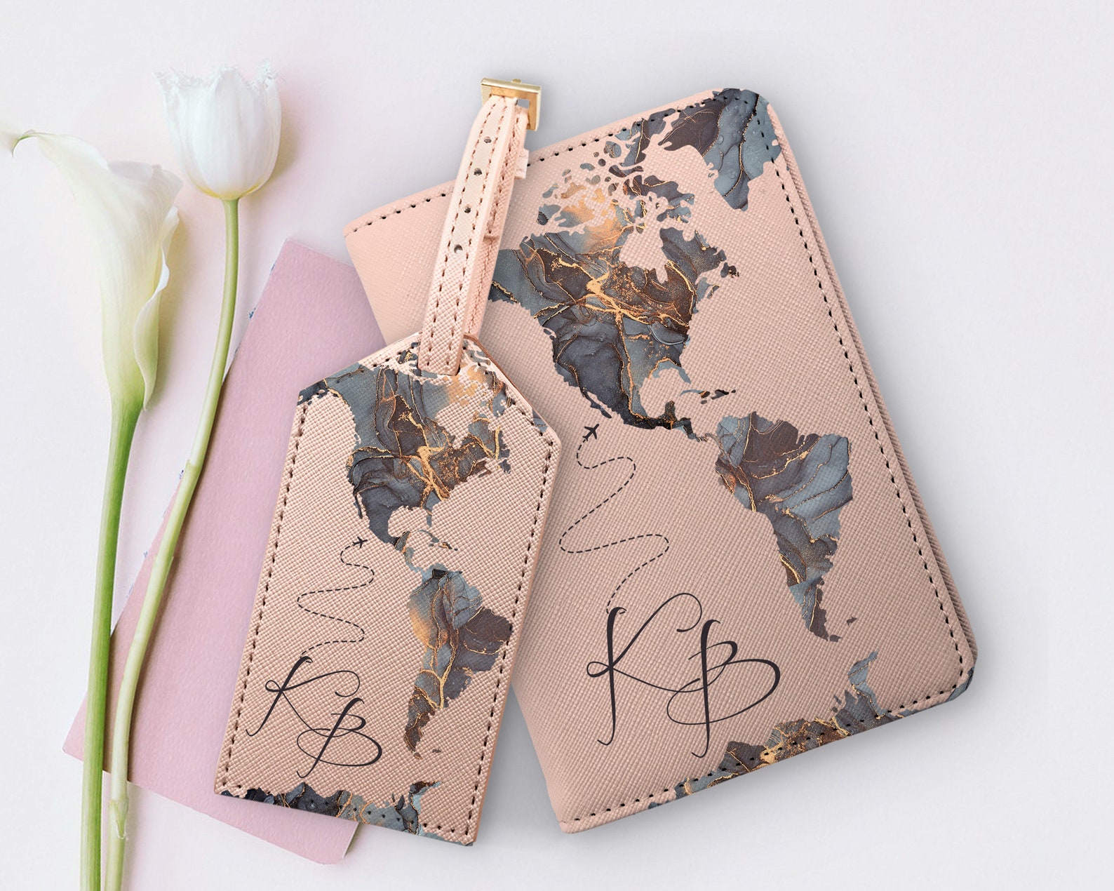 World Map Marble Monogram Passport Holder Travel Set Gold | Etsy