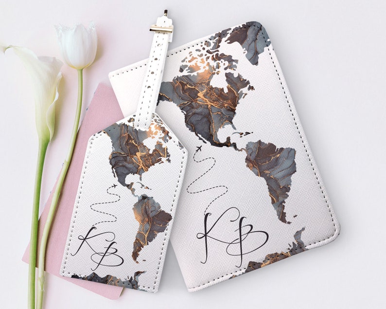 World Map Marble Monogram Passport Holder Travel Set Gold - Etsy