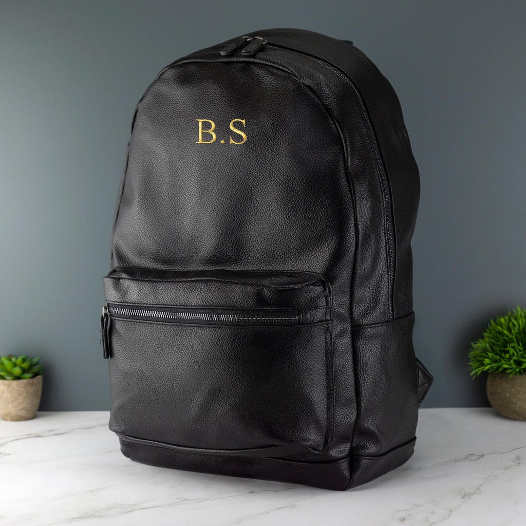 Unisex Leather Backpack Printed With Name Initials Work Laptop School ...