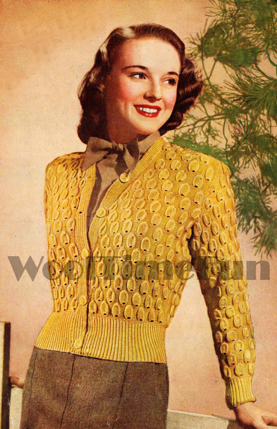 Knitting Pattern Womens Vintage 1940s Patterned Cardigan. V-neck Long ...