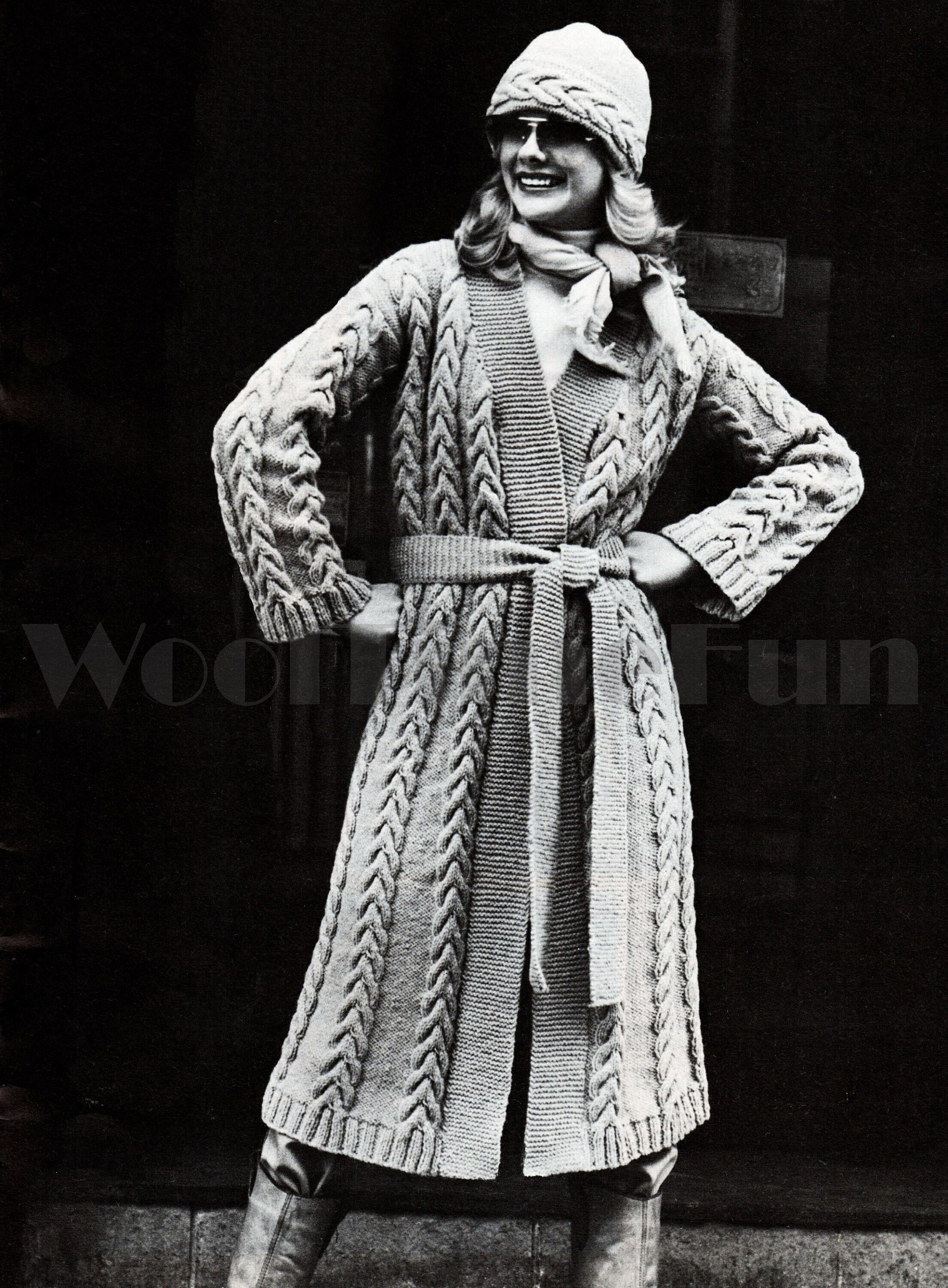Knitting Pattern Women's Aran/cable Wrap Over Coat With Belt & Matching ...