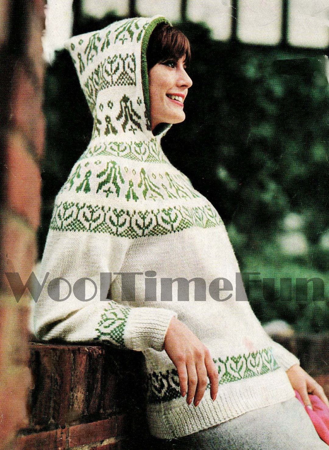 Knitting Pattern Womens Vintage Fair Isle Yoke Nordic Sweater With Hood ...