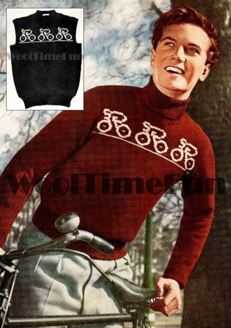 Knitting Pattern Vintage Mens Bicycle/cycling Motif Jumper/slipover ...