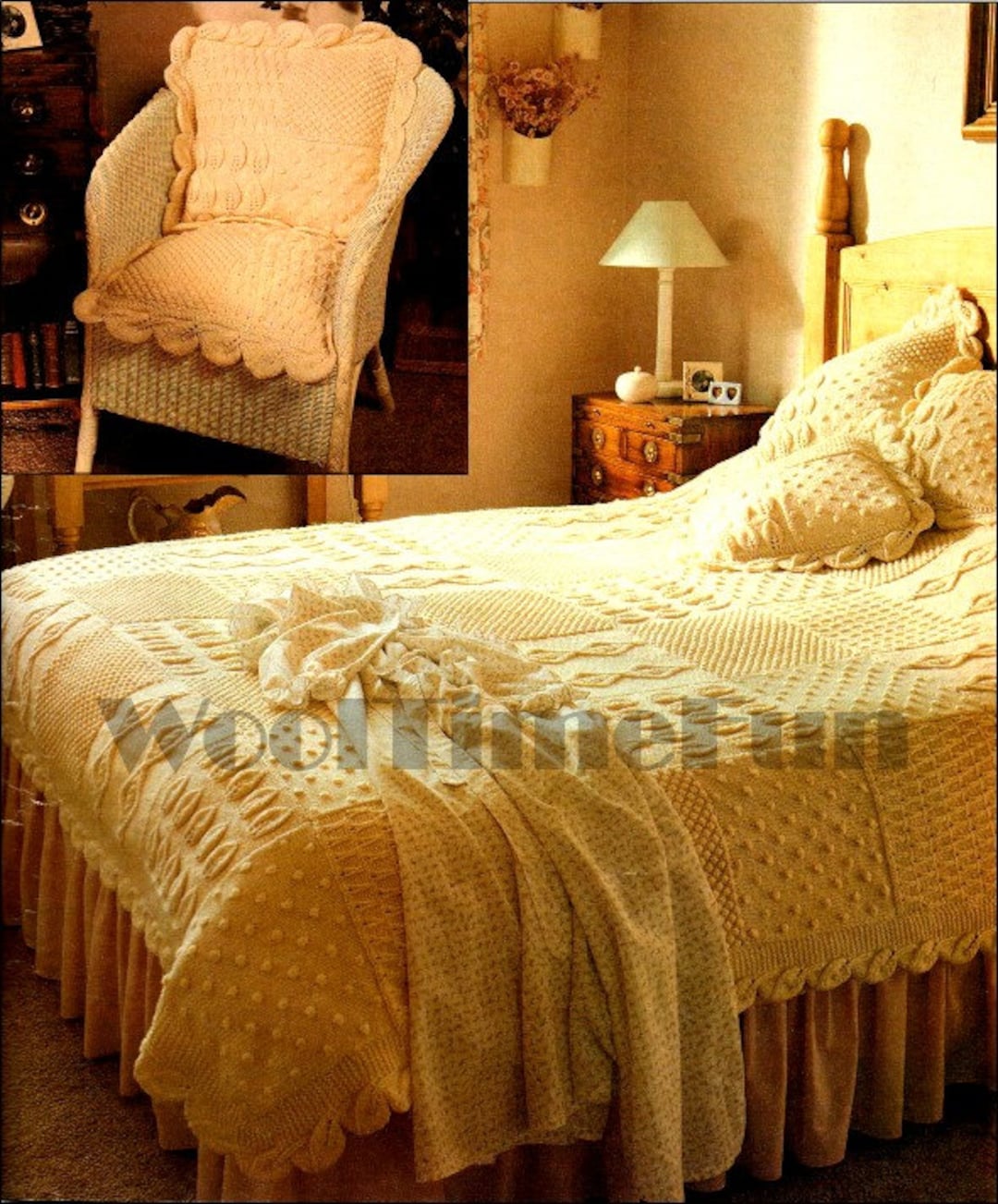 Knitting Pattern Bedspread Afghan Blanket Throw & Cushions. Aran Cable ...