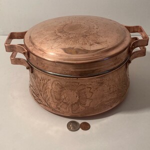 Vintage Metal Copper Pot With Lid, Intricate Design Work, Hammered ...