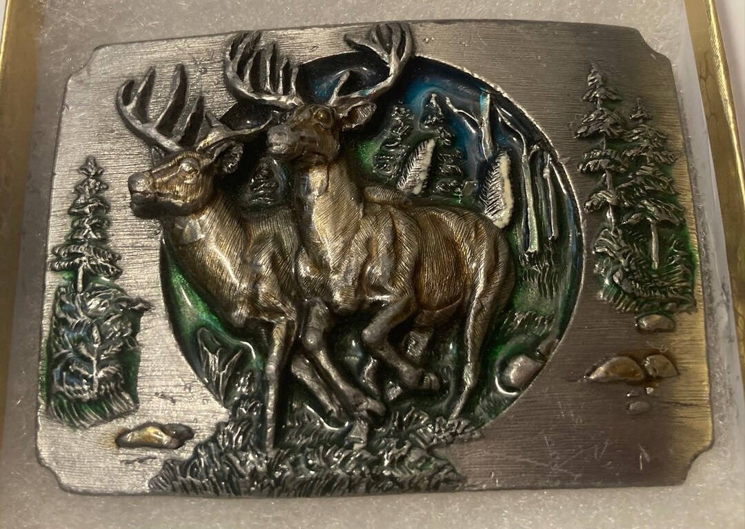 Vintage 1990 Metal Belt Buckle, Pair of Bucks Going Thru the Woods ...