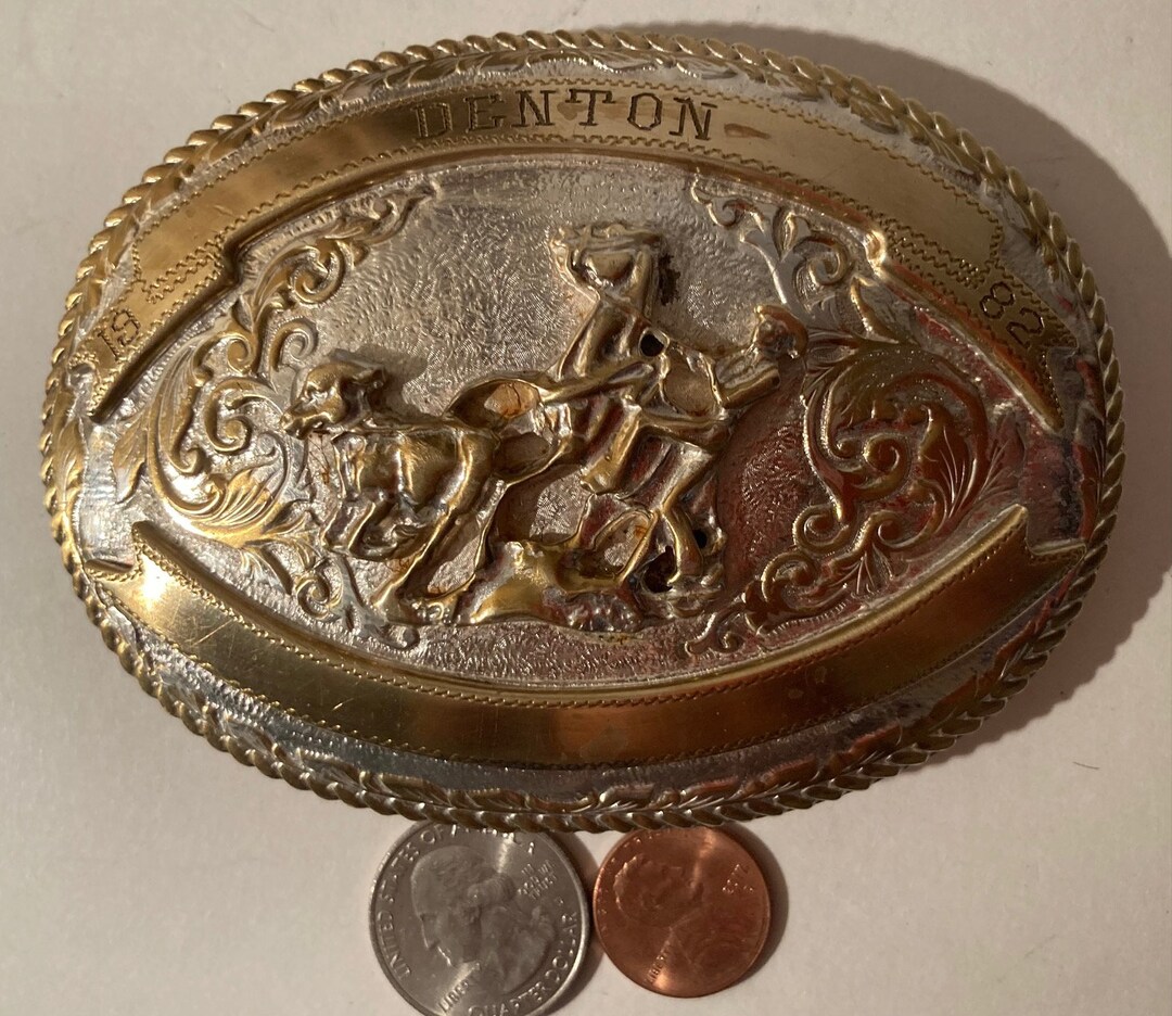 Vintage Metal Belt Buckle, Silver and Brass, Crumrine, Calf Roping ...