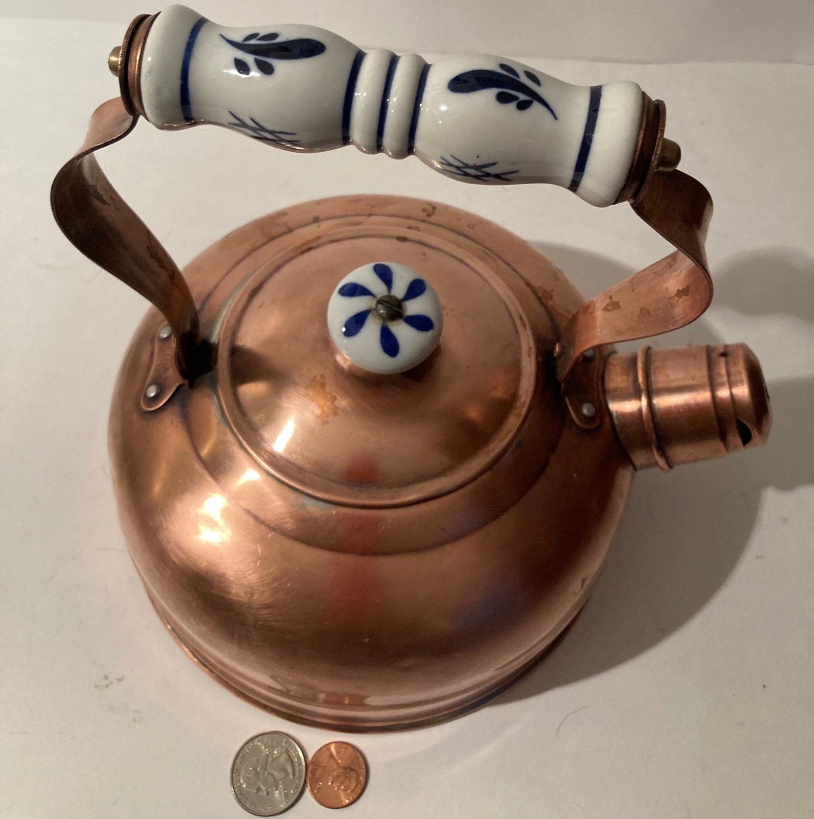 Vintage Metal Copper Teapot, Tea Kettle, Porcelain Handles, Kitchen ...