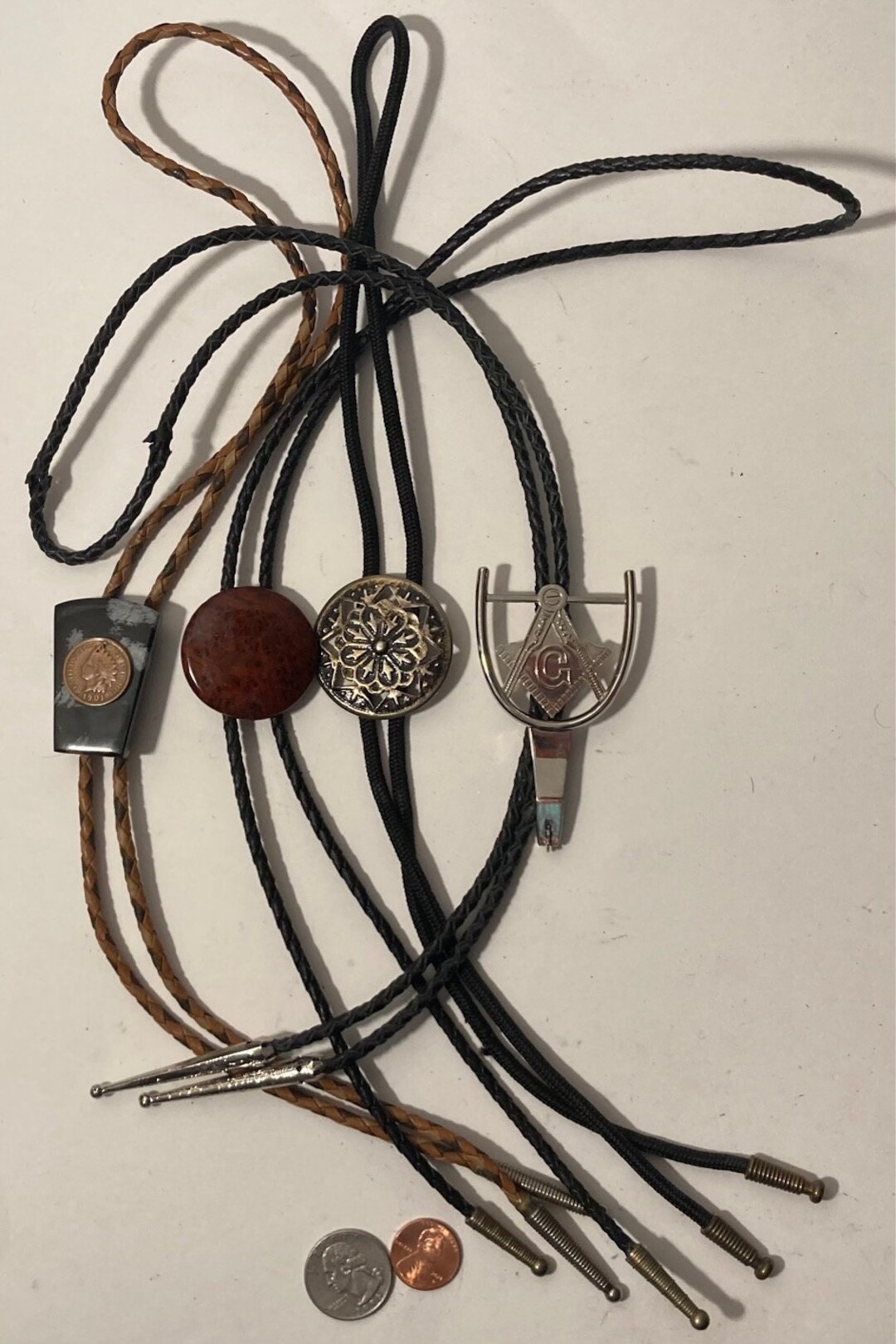 Vintage Lot of 4 Metal Bolo Ties, Nice Designs, Coin, Masonic, Stone ...