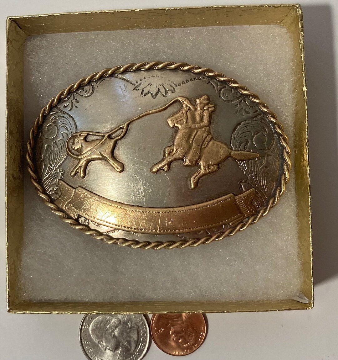 Vintage Metal Belt Buckle, German Silver and Brass, Nice Cow Roping ...