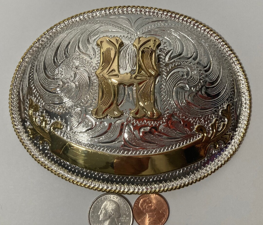 Vintage Metal Belt Buckle, Silver and Brass Tone, Big Size, Letter H ...