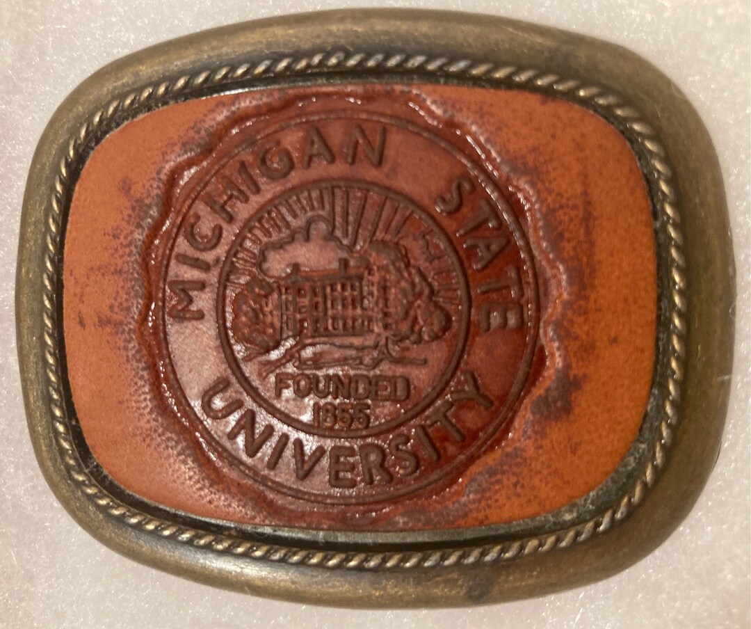 Vintage Metal Belt Buckle, Brass, Leather, Michigan State University ...