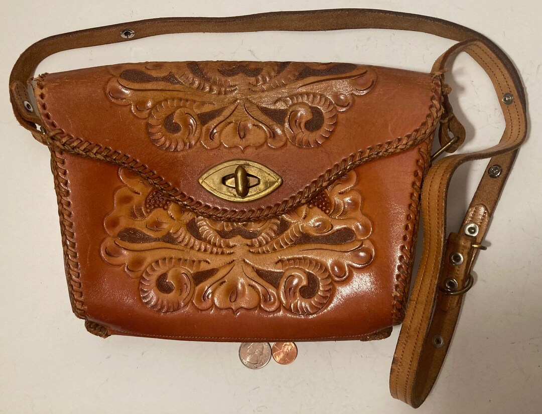 Vintage Leather Hand Tooled Purse, Bag, 10" X 7", Quality, Country and ...