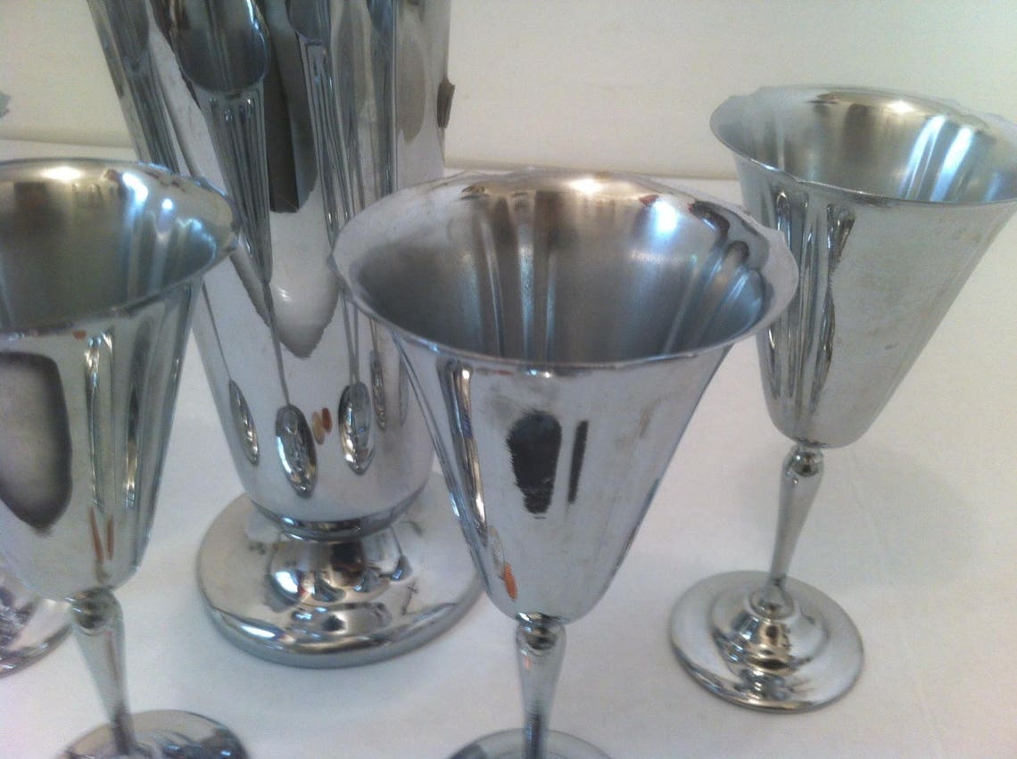 Vintage Set of 5 Pieces of Chrome Cups and Pitcher, Chromium, Shelf ...