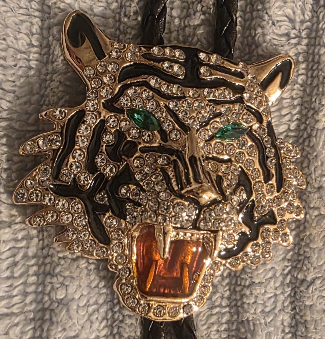 Vintage Metal Bolo Tie, Nice Sparkly Tiger With Piercing Sparkly Green ...