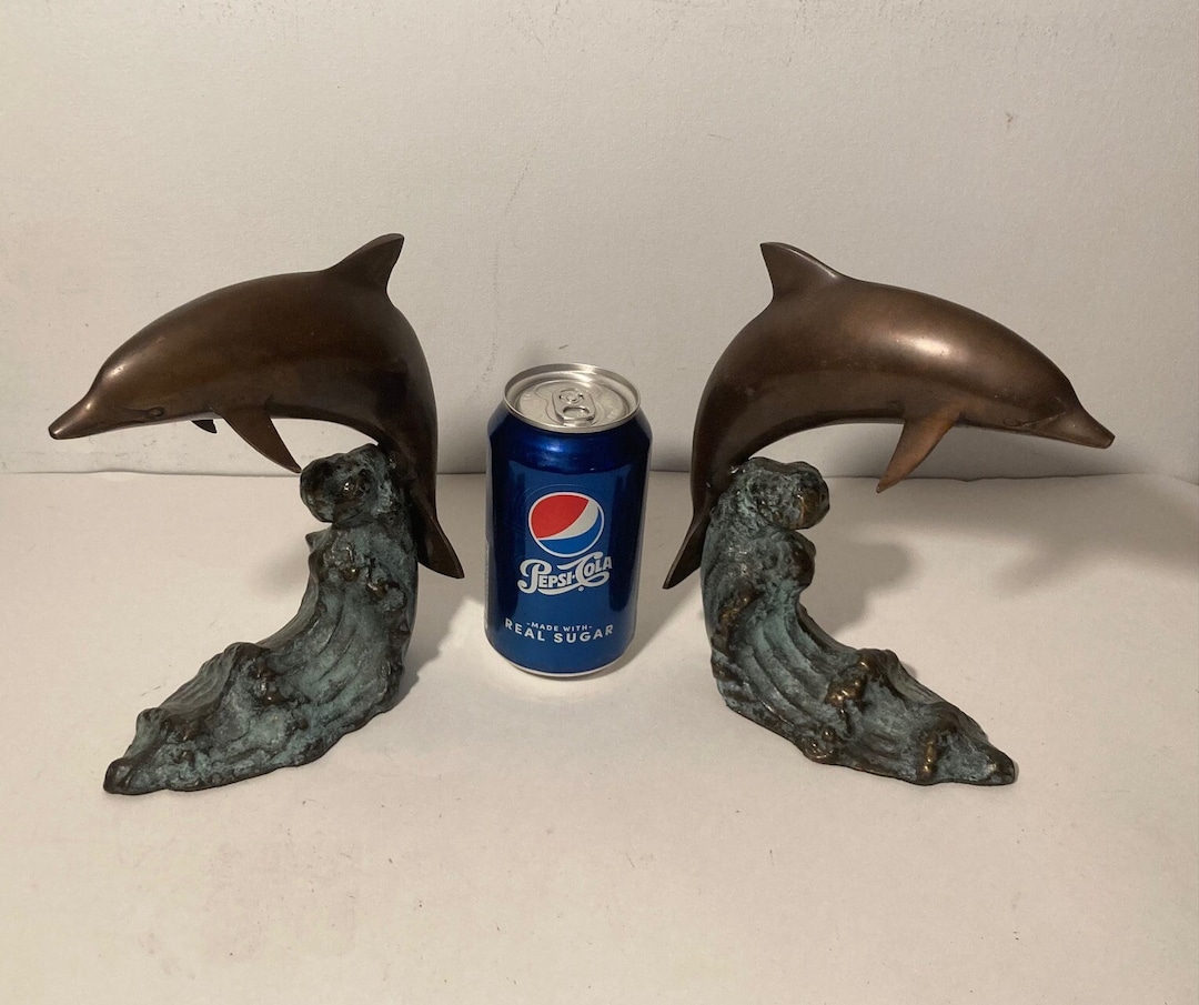 Vintage Set of 2 Bronze Metal Dolphin Statues, Porpoise, Fish, Statue ...