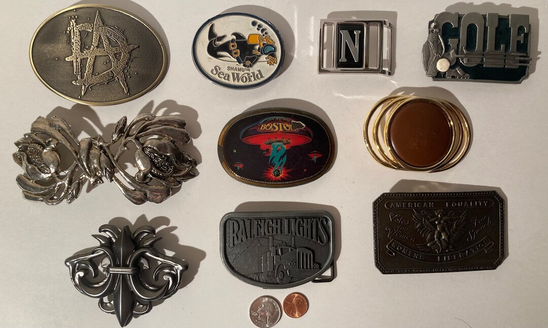 Vintage Lot of 10 Belt Buckles, Sea World, Golf, Boston, Rodeo, Country ...