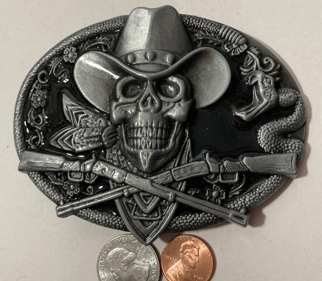 Vintage Metal Belt Buckle, Cowboy Skull, Bandit, Black Enamel, Nice ...