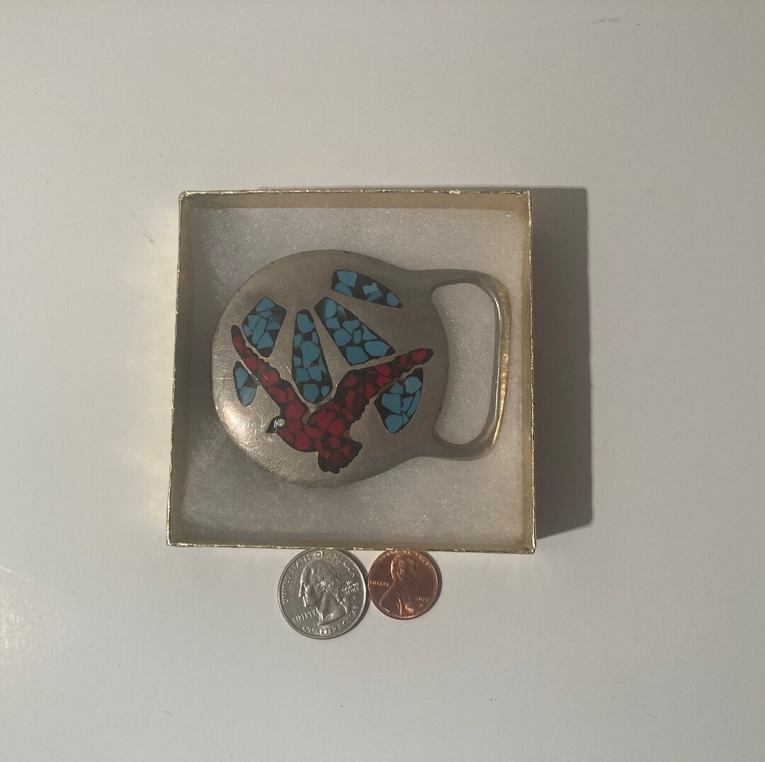 Vintage Metal Belt Buckle, Pewter, Red and Blue Turquoise Inlaid, Dove ...