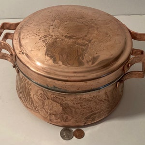 Vintage Metal Copper Pot With Lid, Intricate Design Work, Hammered ...