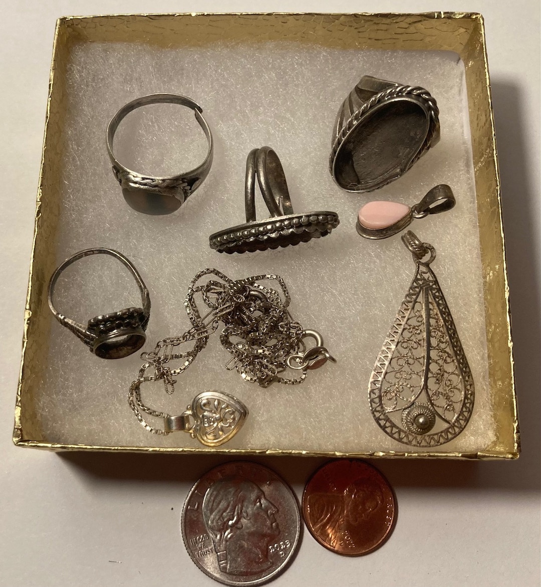 Vintage Lot of 8 Sterling Silver Rings, Chains, More, Scrap Jewelry, - Etsy