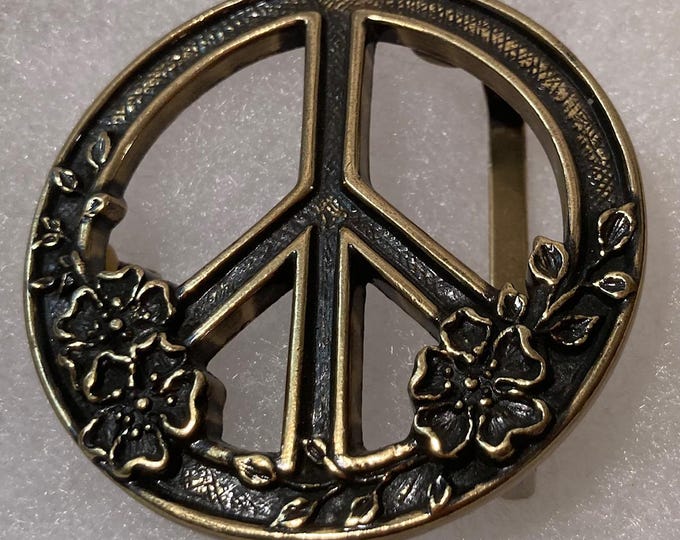 Vintage Metal Belt Buckle, Brass, Peace Sign, Flowers, Hippie, Groovy ...