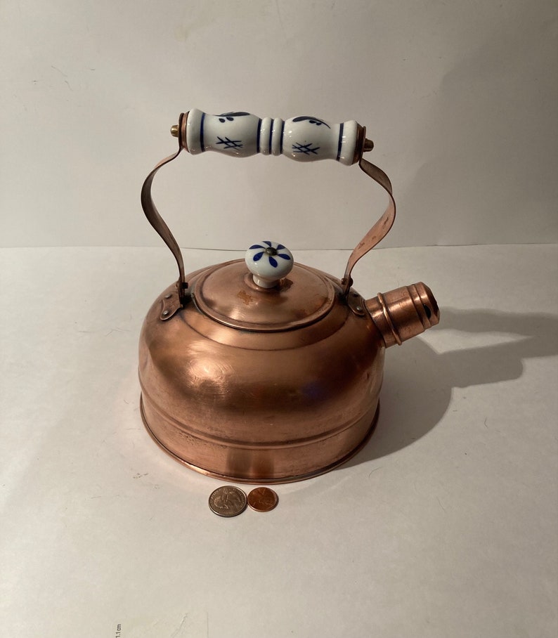 Vintage Metal Copper Teapot, Tea Kettle, Porcelain Handles, Kitchen ...